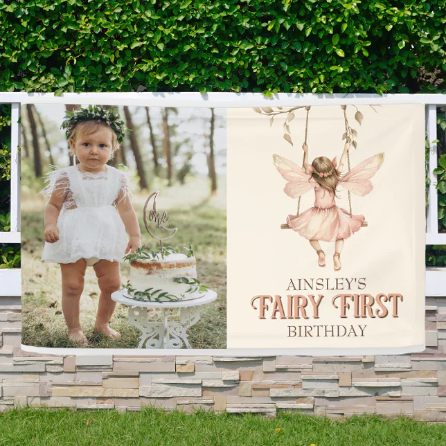 Editable Photo Blush Pink Fairy First 1st Birthday Banner | Zazzle