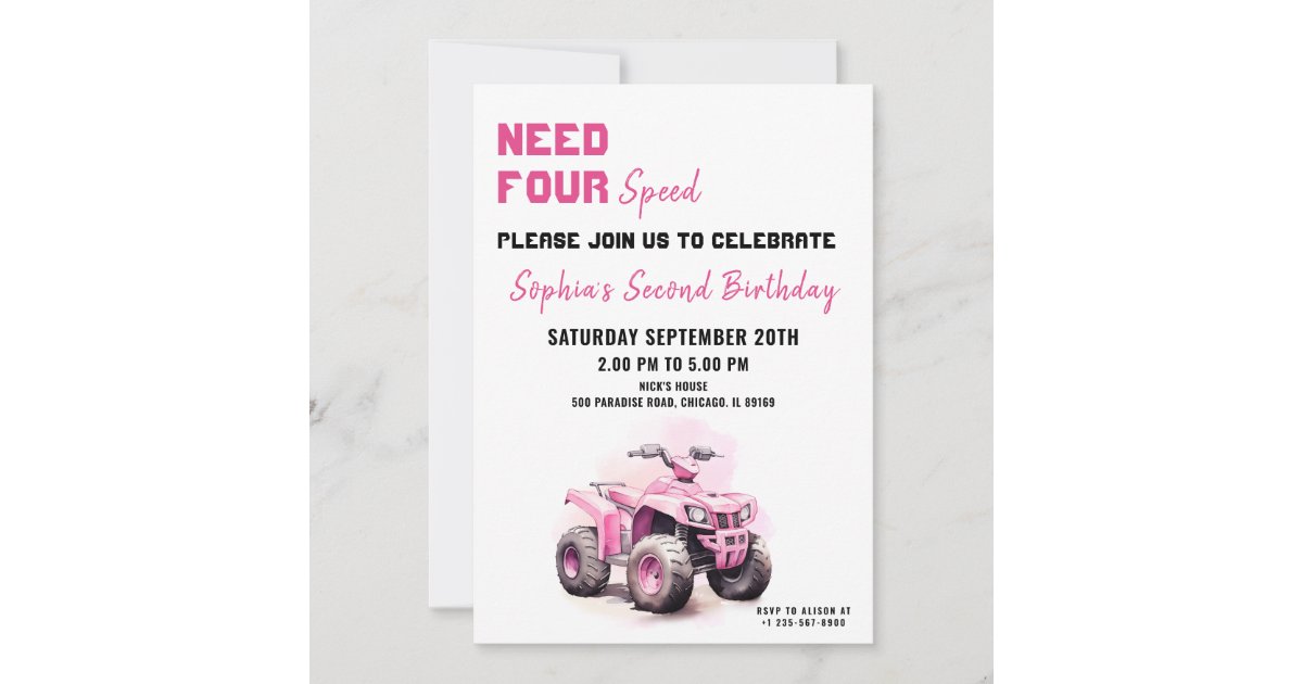 Editable Pink ATV Bike Birthday Invitation | Zazzle