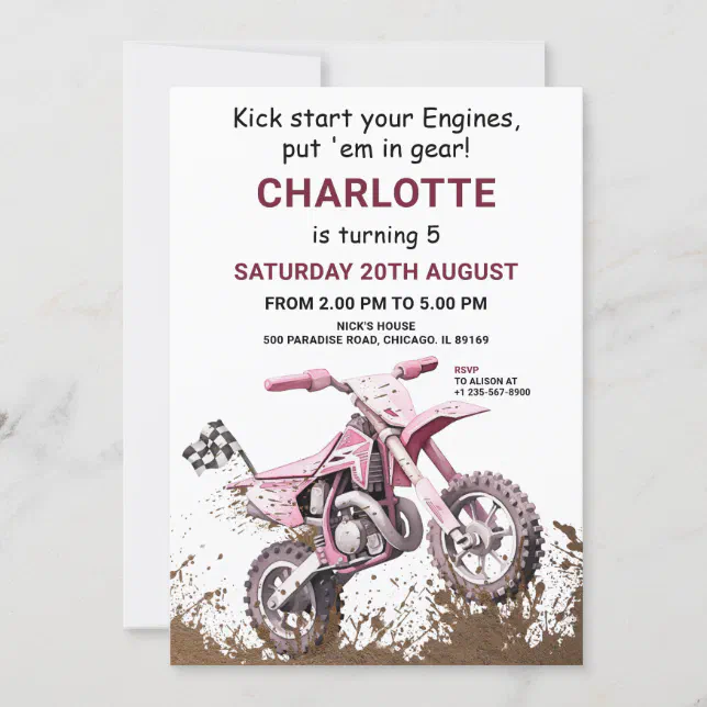 Editable Pink Dirt Bike Birthday Invitation | Zazzle