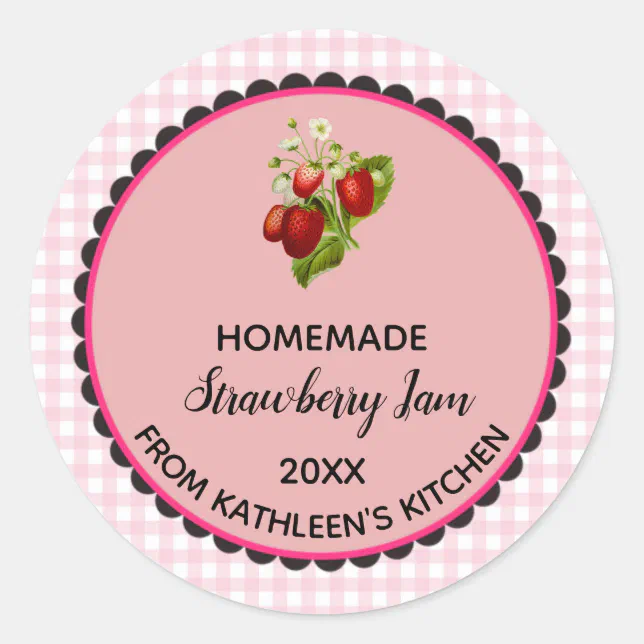 Editable Pink Gingham Strawberry Jam Label Sticker | Zazzle