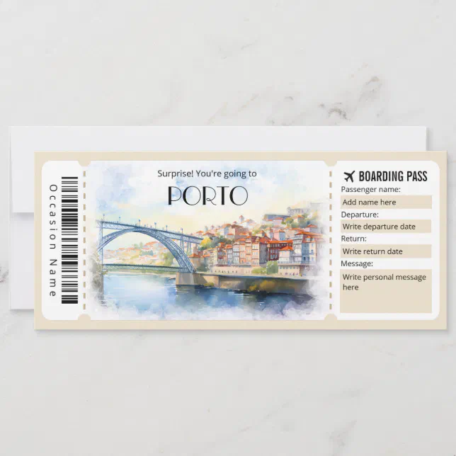 Editable Porto Boarding Pass Plane ticket Invitation | Zazzle
