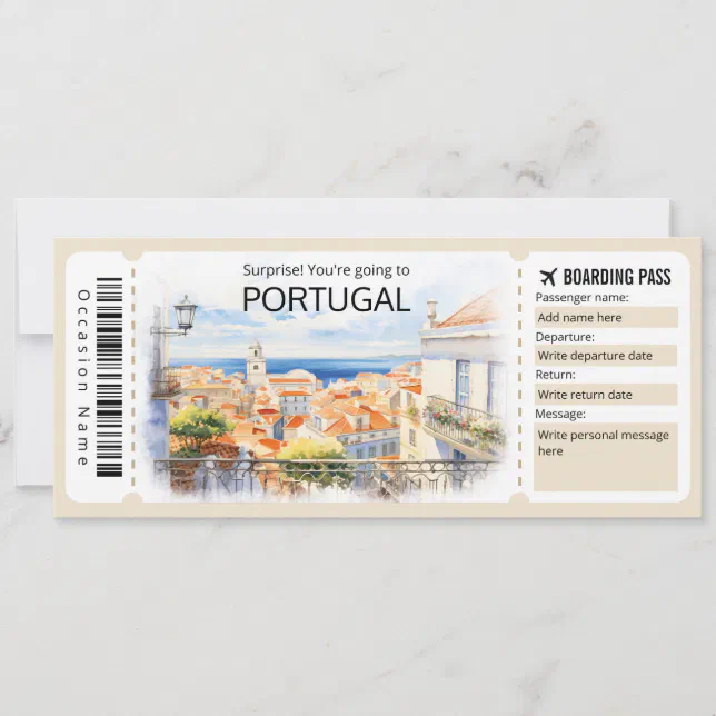 Editable Portugal Plane ticket, Portugal Trip Invitation | Zazzle