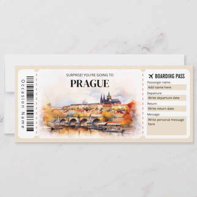 Editable Prague Boarding Pass Plane ticket Invitation | Zazzle