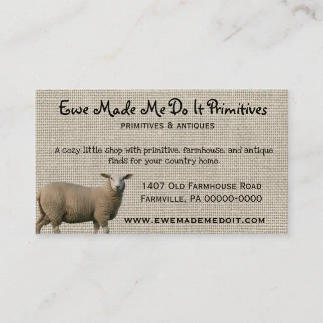 Editable Primitive Farmhouse Sheep and Burlap Business Card | Zazzle