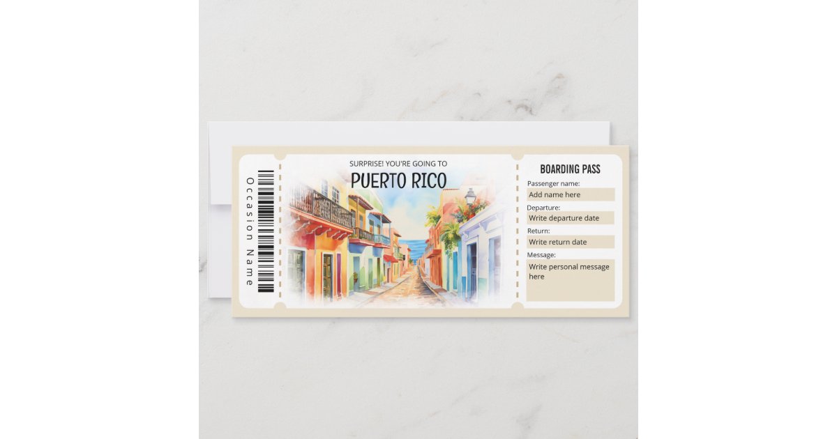 Editable Puerto Rico Plane Boarding Pass Ticket Invitation | Zazzle