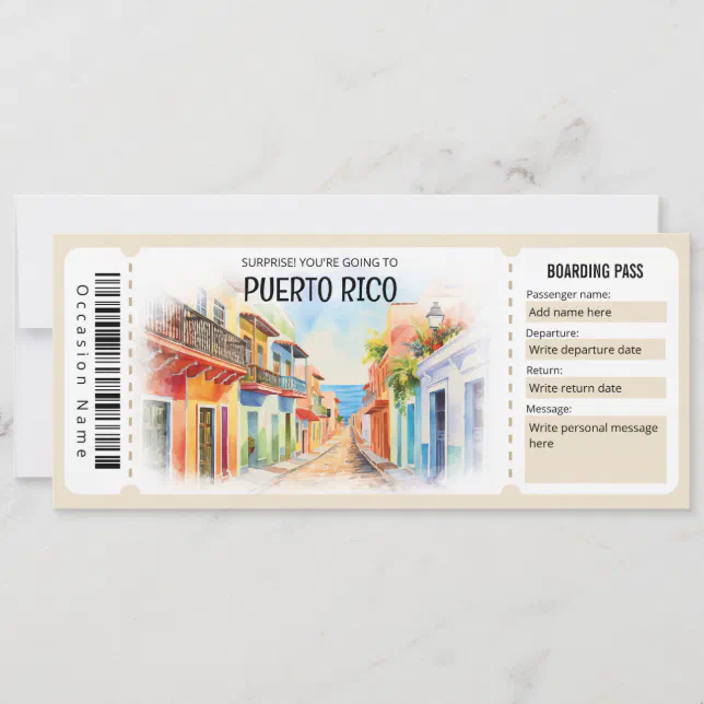 Editable Puerto Rico Plane Boarding Pass Ticket Invitation | Zazzle