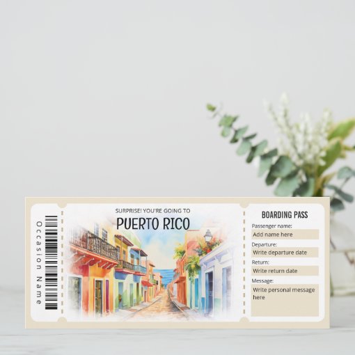 Editable Puerto Rico Plane Boarding Pass Ticket Invitation | Zazzle