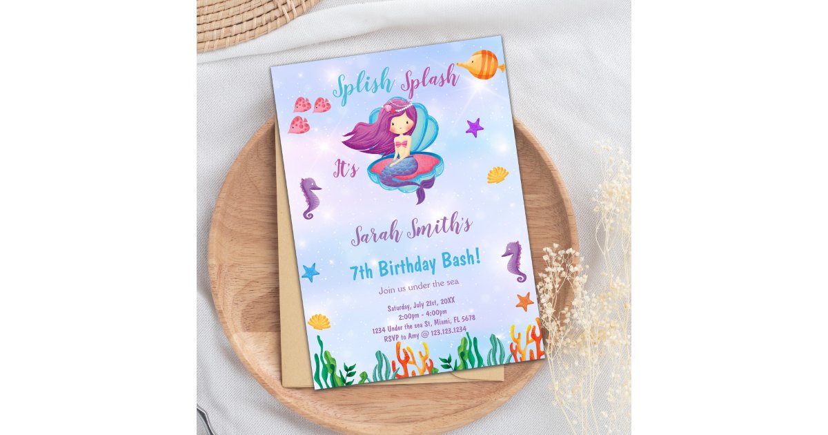 Editable Purple Shell Mermaid Birthday Invitation | Zazzle