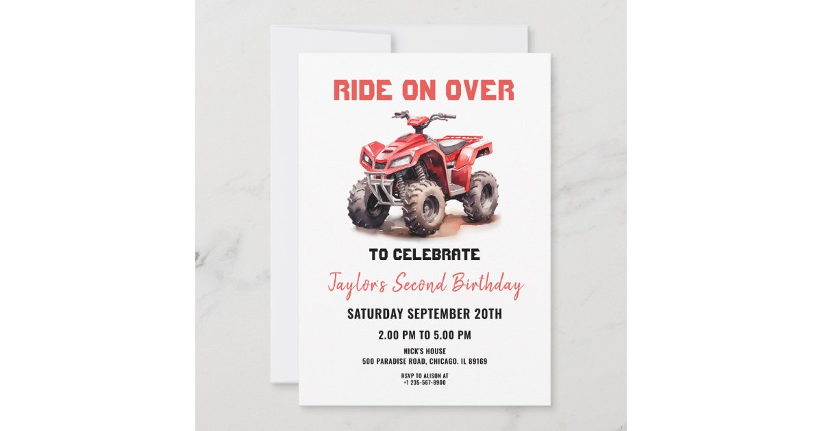 Editable Red ATV Wheeler Bike Birthday Invitation | Zazzle