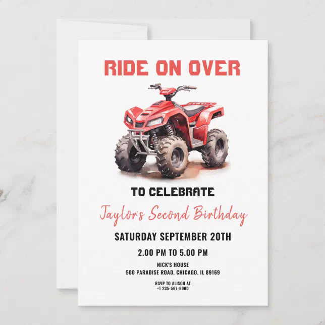Editable Red ATV Wheeler Bike Birthday Invitation | Zazzle