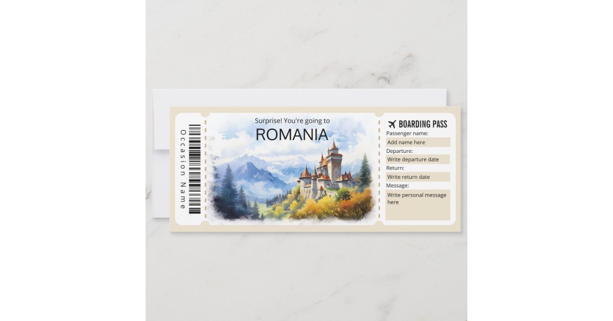 Editable Romania Plane ticket, Romania Trip Invitation | Zazzle