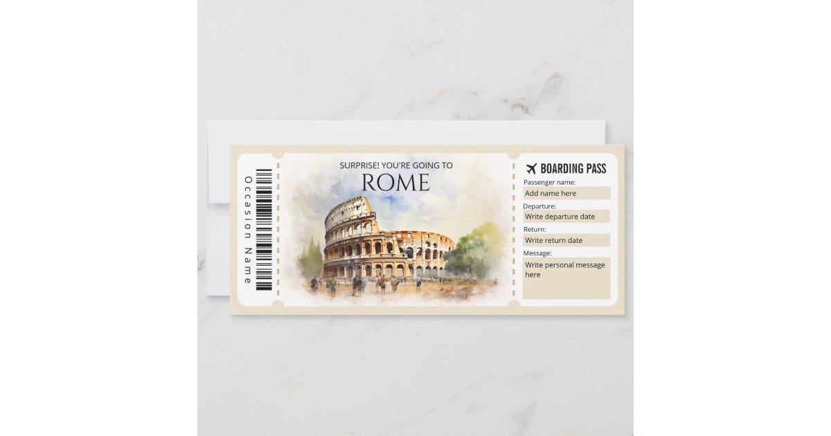 Editable Rome Boarding Pass Plane ticket Invitation | Zazzle