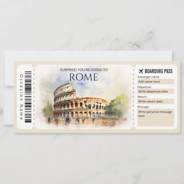 Editable Rome Boarding Pass Plane ticket Invitation | Zazzle