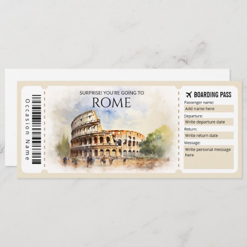 Editable Rome Boarding Pass Plane ticket Invitation | Zazzle
