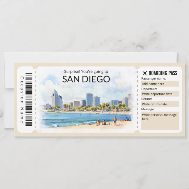 Editable San Diego Plane ticket, California Trip Invitation | Zazzle