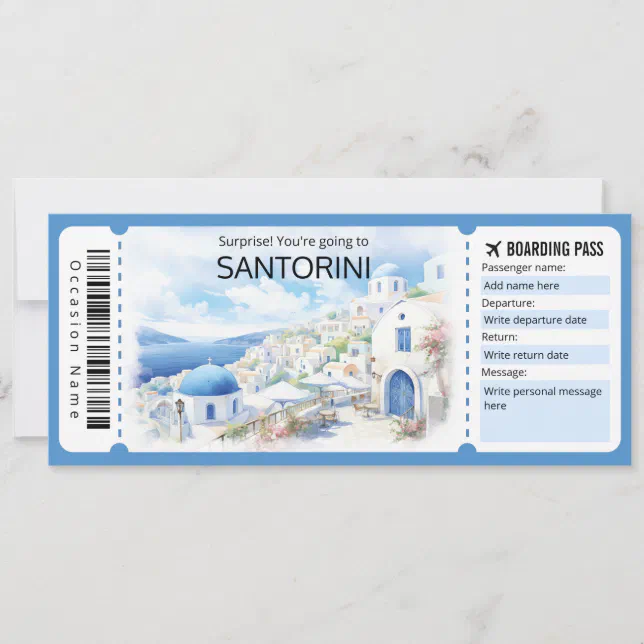 Editable Santorini Plane ticket, Greece Trip Invitation | Zazzle