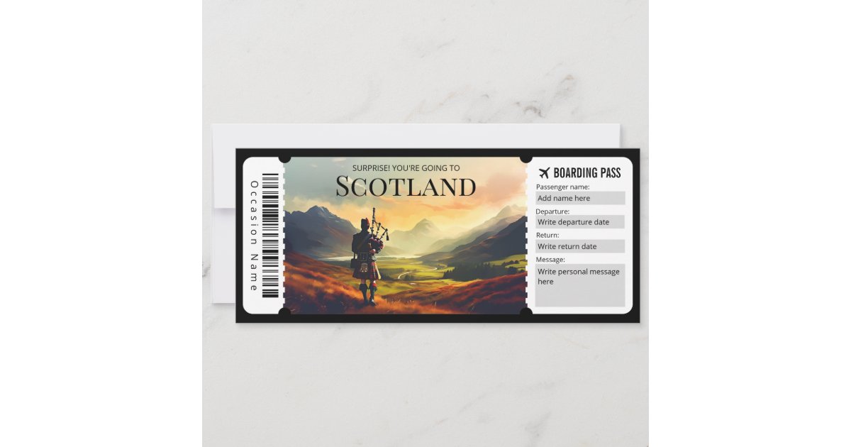 Editable Scotland Plane Boarding Pass Ticket Invitation | Zazzle