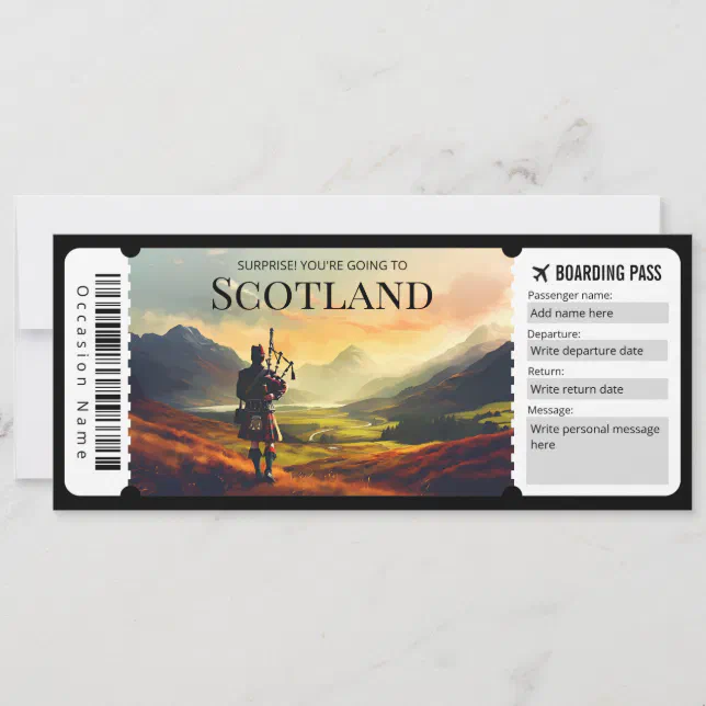 Editable Scotland Plane Boarding Pass Ticket Invitation | Zazzle