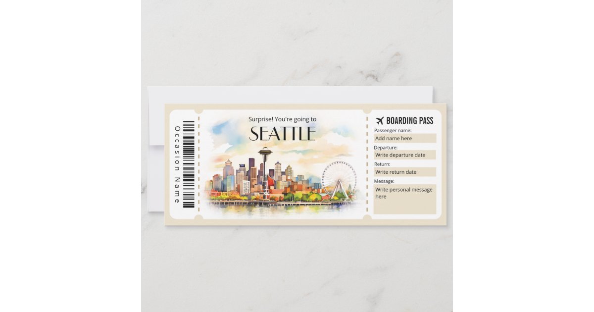 Editable Seattle Plane Boarding Pass Ticket Invitation | Zazzle