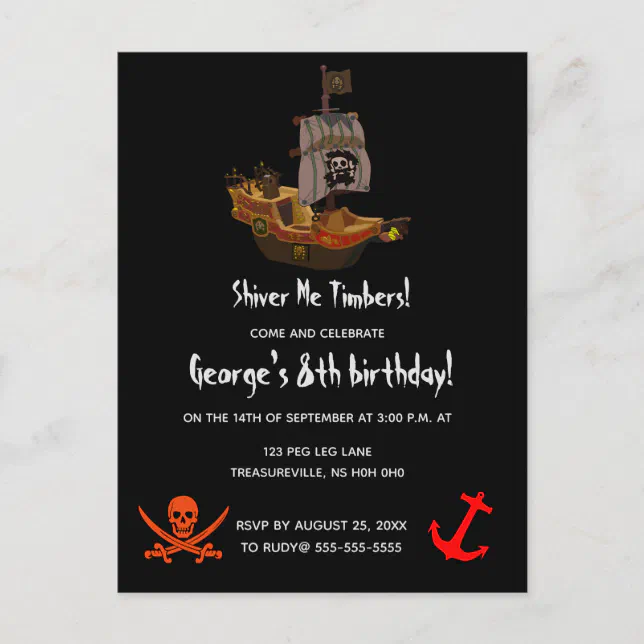 Editable Shiver Me Timbers Pirate Birthday Invitation Postcard | Zazzle