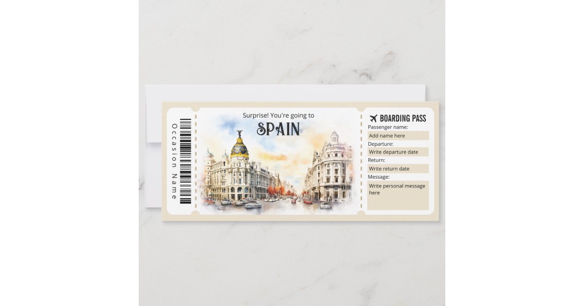 Editable Spain Plane ticket, Spain Trip Invitation | Zazzle