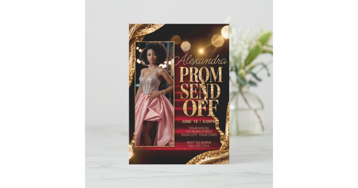Editable Sparkling Gold Prom Send Off DIY Photo Invitation | Zazzle