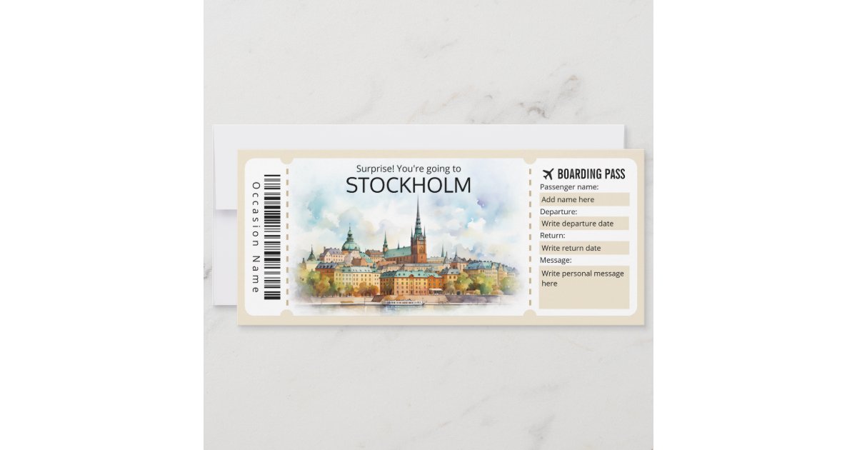 Editable Stockholm Plane ticket, Sweden Trip Invitation | Zazzle