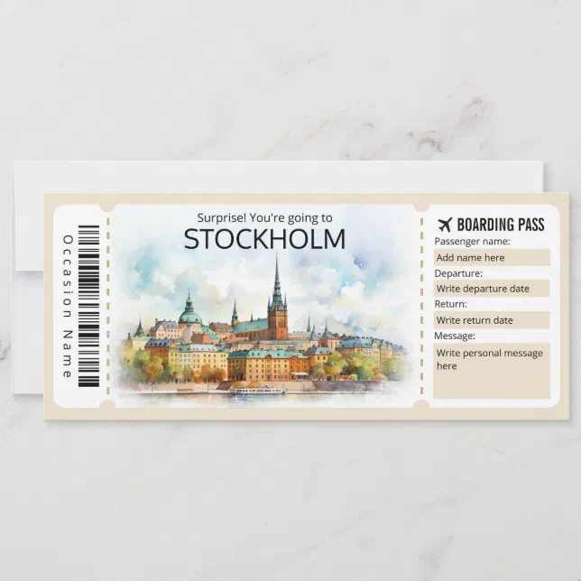 Editable Stockholm Plane ticket, Sweden Trip Invitation | Zazzle