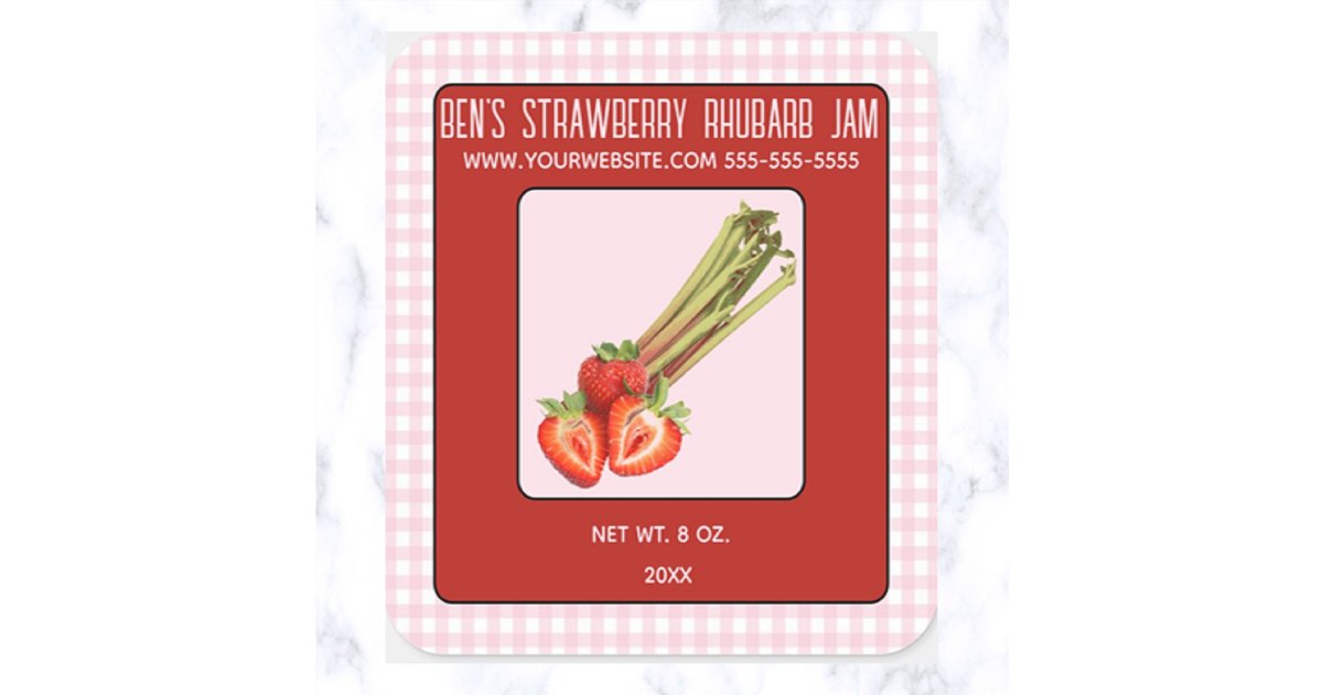 Editable Strawberry Rhubarb Jam Square Sticker | Zazzle