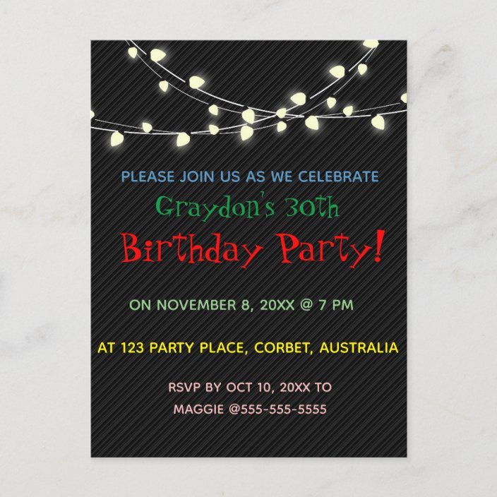 Editable Strings of Party Lights Birthday Invitation Postcard | Zazzle.com