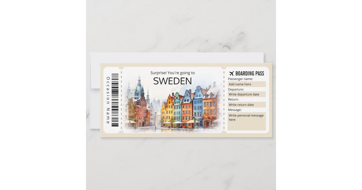 Editable Sweden Plane ticket, Sweden Trip Invitation | Zazzle