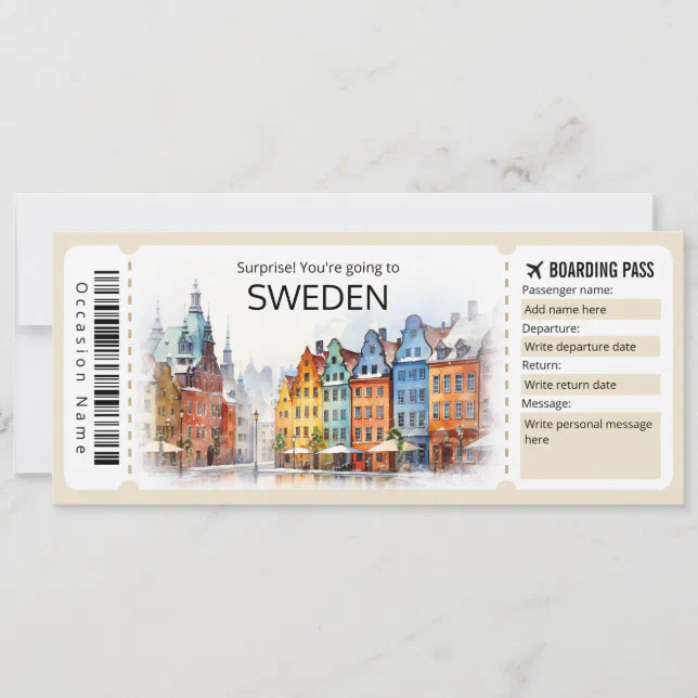 Editable Sweden Plane ticket, Sweden Trip Invitation | Zazzle