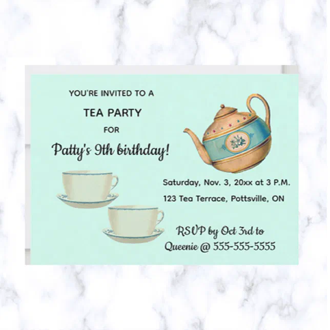 Editable Teapot and Teacups Birthday Tea Party Invitation | Zazzle