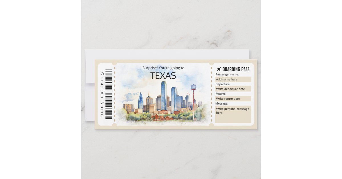 Editable Texas Plane ticket, Texas Trip Invitation | Zazzle