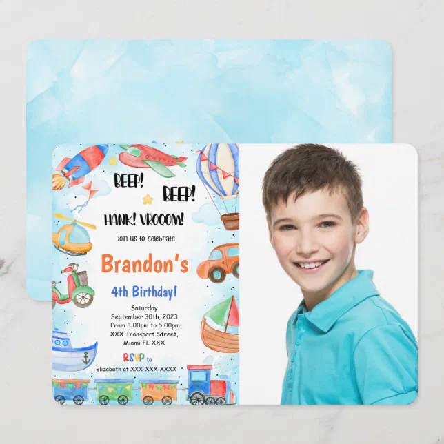 Editable Transportation Birthday Party Photo Invitation | Zazzle