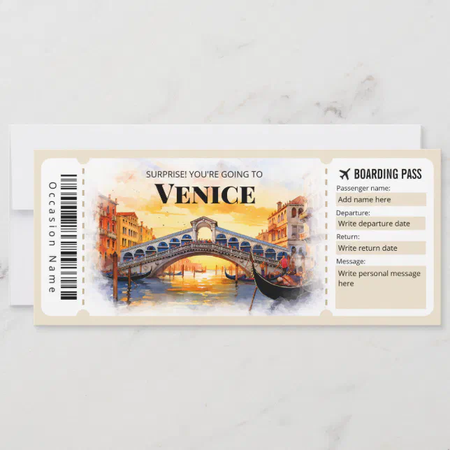 Editable Venice Plane Boarding Pass Ticket Invitation | Zazzle