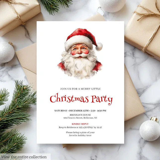 Editable Watercolor Santa Claus Holiday Dinner Invitation | Zazzle