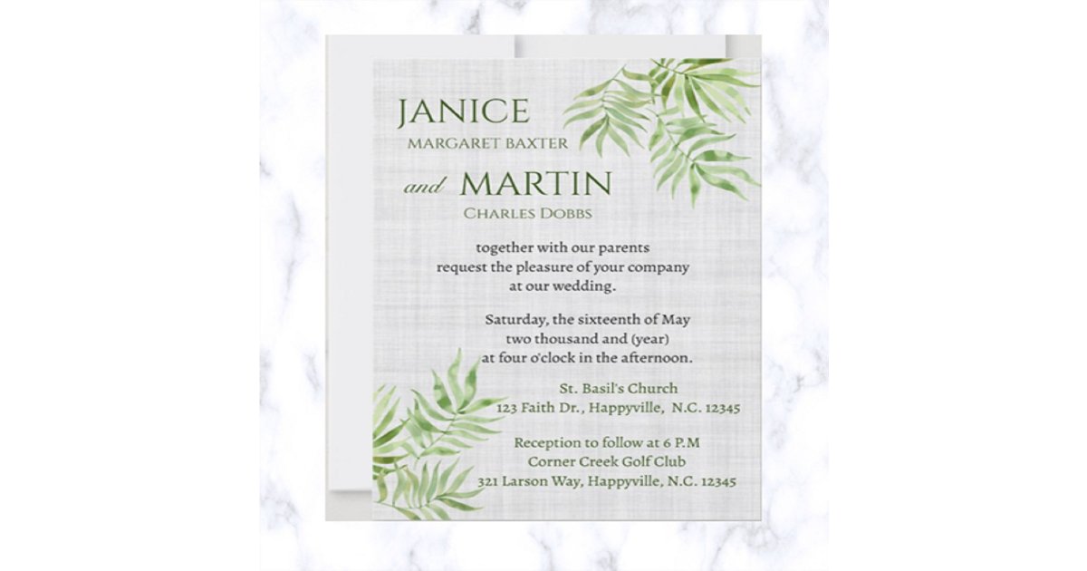 Editable Watercolour Palm Leaves on Linen Wedding Invitation | Zazzle