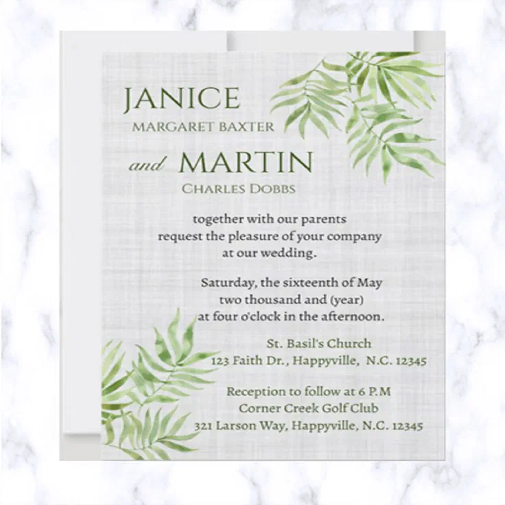 Editable Watercolour Palm Leaves on Linen Wedding Invitation | Zazzle