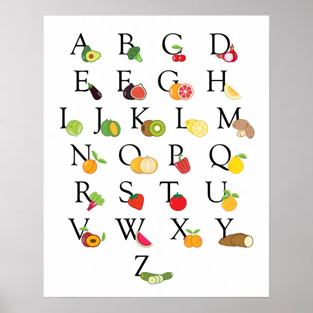 Educational Fruit Vegetable ABC Alphabet Classroom Poster | Zazzle