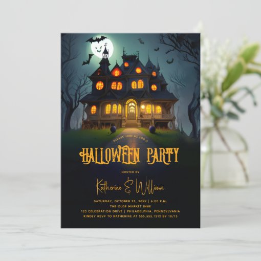 Eerie Night Spooky Haunted House Halloween Party Invitation | Zazzle