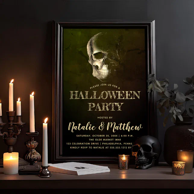Eerie Night Spooky Skull Halloween Party Invitation | Zazzle