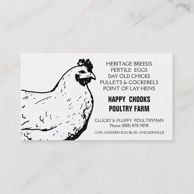 Egg Farm Black and White Chicken Business Card | Zazzle