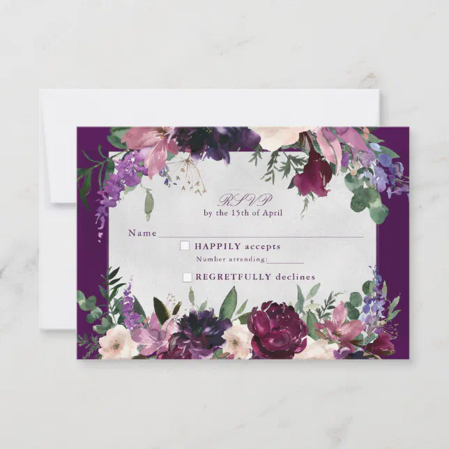 Eggplant Purple Floral Wedding rsvp insert | Zazzle