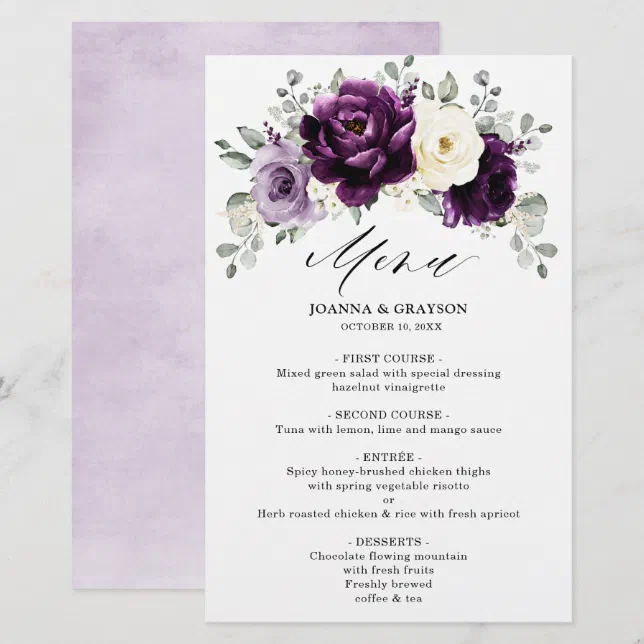 Eggplant Purple Plum Ivory Floral Wedding Menu | Zazzle