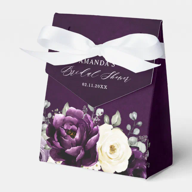 Eggplant Purple Plum Ivory White Floral Wedding Fa Favor Boxes | Zazzle