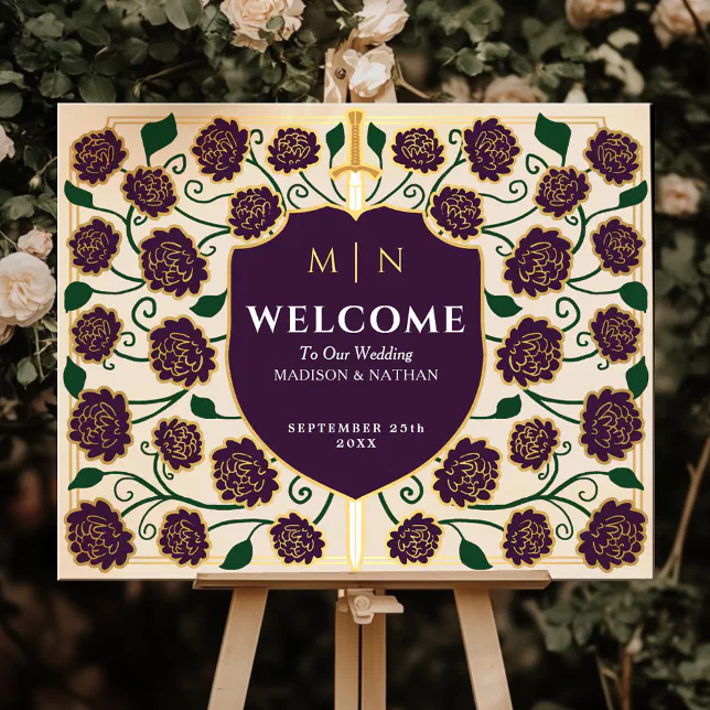 Eggplant Sword Shield Fantasy Wedding Welcome Sign | Zazzle