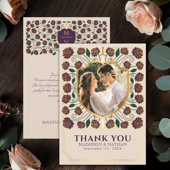 Eggplant Sword & Shield Medieval Fantasy Wedding Thank You Card | Zazzle