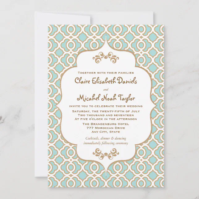 Eggshell Blue and Gold Moroccan Wedding Invitation | Zazzle
