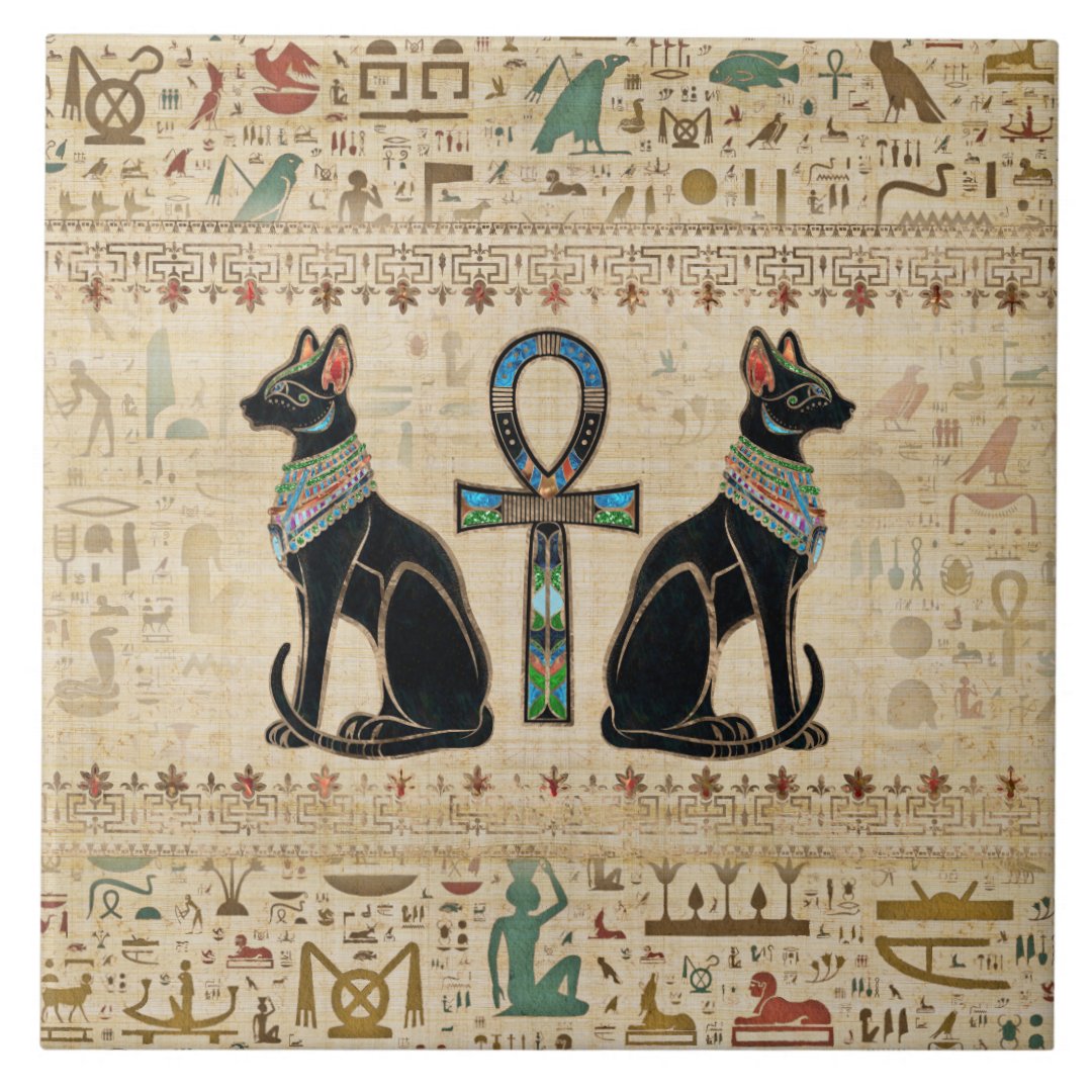 Egyptian Cats and ankh cross Ceramic Tile | Zazzle
